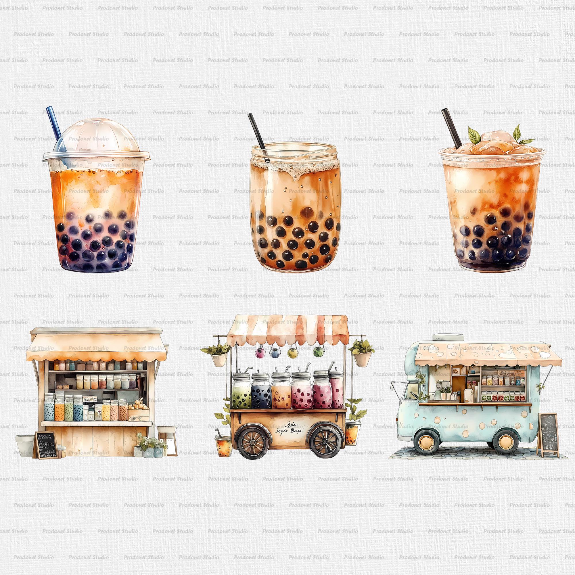 Watercolor Bubble Tea Stand PNG Clipart Bundle, Food Clipart, Boba Tea ...