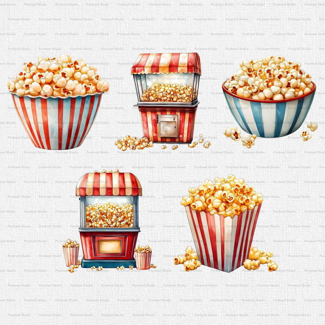 Watercolor Popcorn PNG Clipart Bundle, Food Clipart, Popcorn Night ...