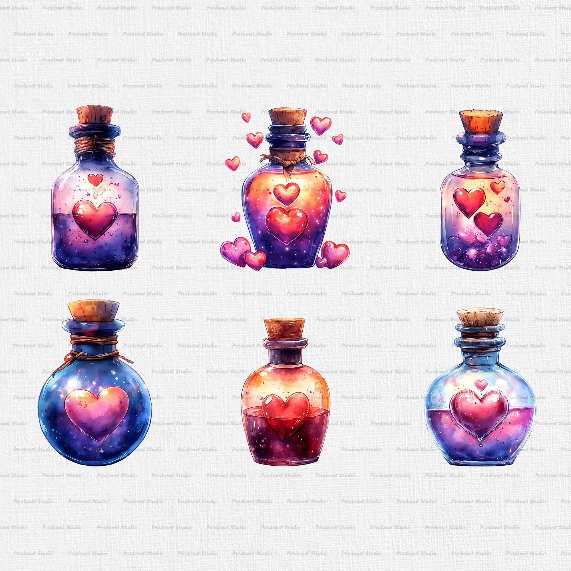 Watercolor Valentine’s Day Love Potion Bottle PNG Clipart Bundle, Love ...