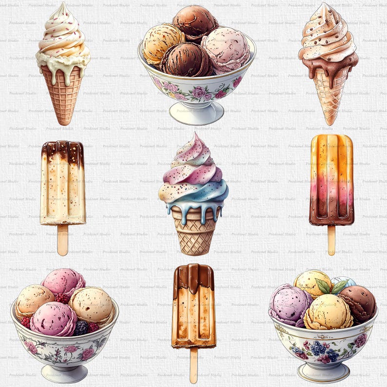 Watercolor Ice Cream PNG Clipart Bundle, Dessert PNG Clipart, Sweets ...