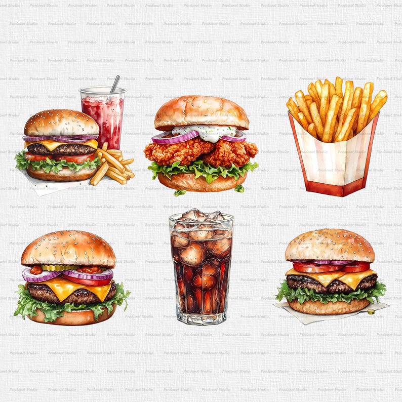 Watercolor Fast Food PNG Clipart Bundle, Fast Food Clipart, Burger PNG ...