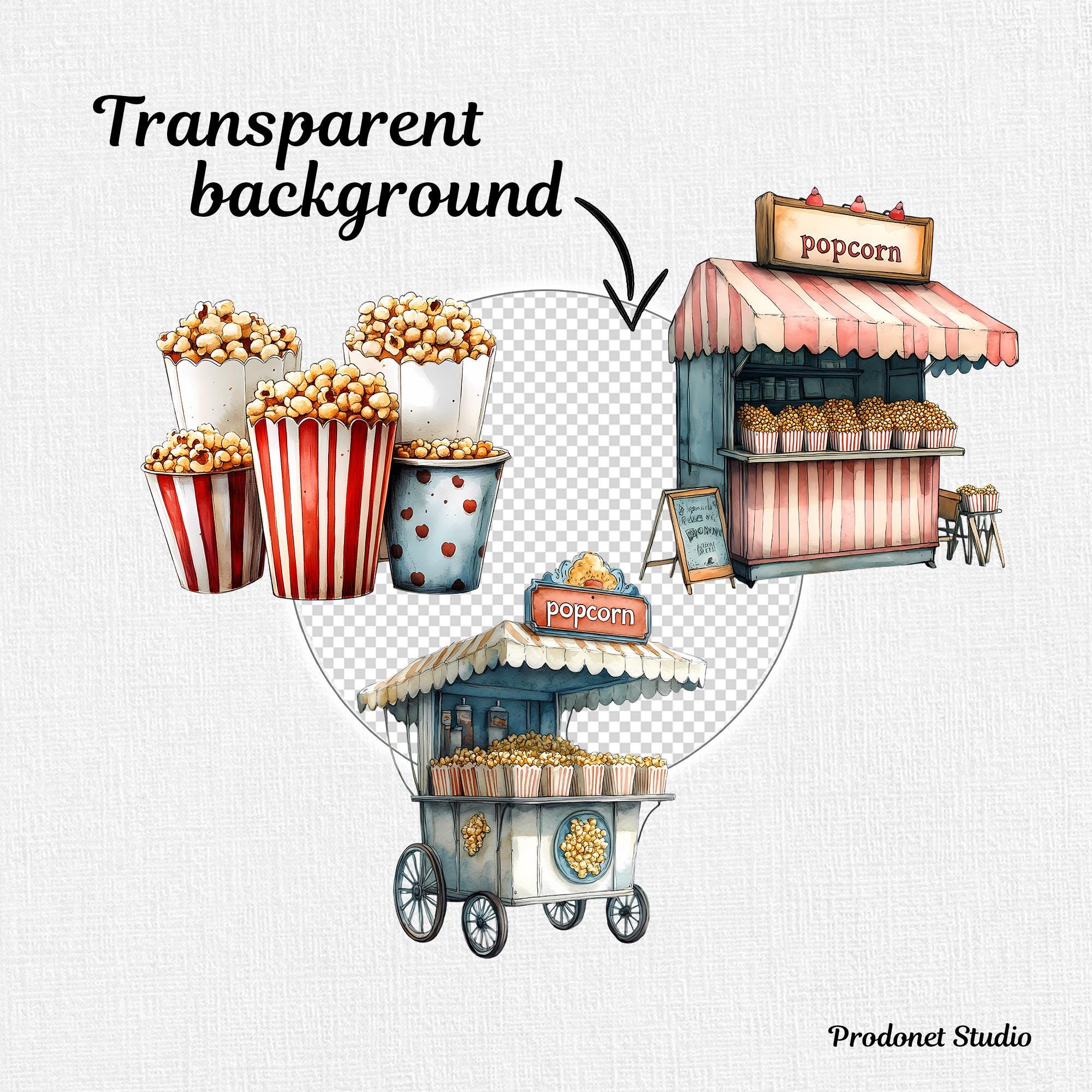 Watercolor Popcorn Stand PNG Clipart Bundle, Food Clipart, Popcorn PNG ...