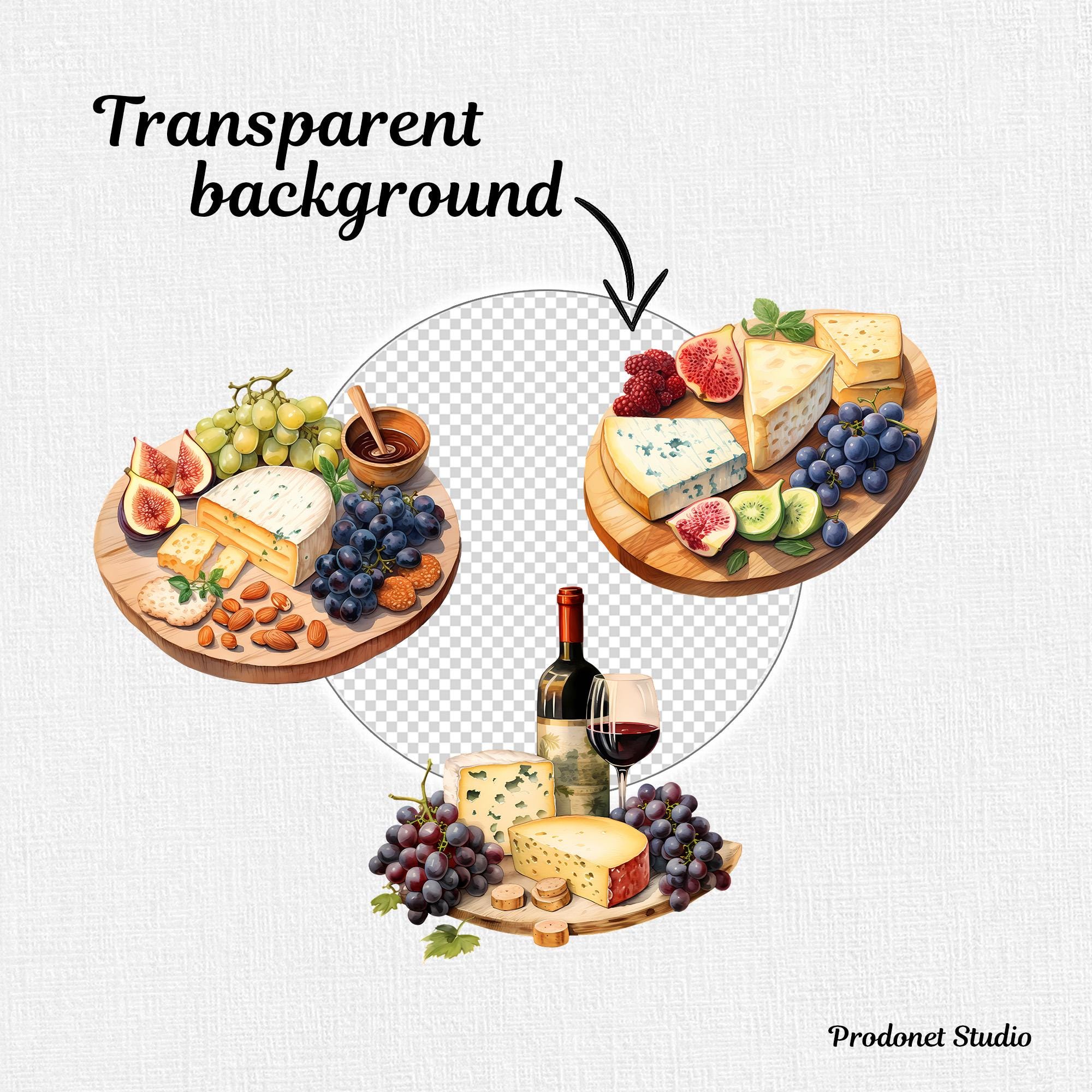 Watercolor Wine and Cheese PNG Clipart Bundle, Food Clipart, Cheese PNG ...