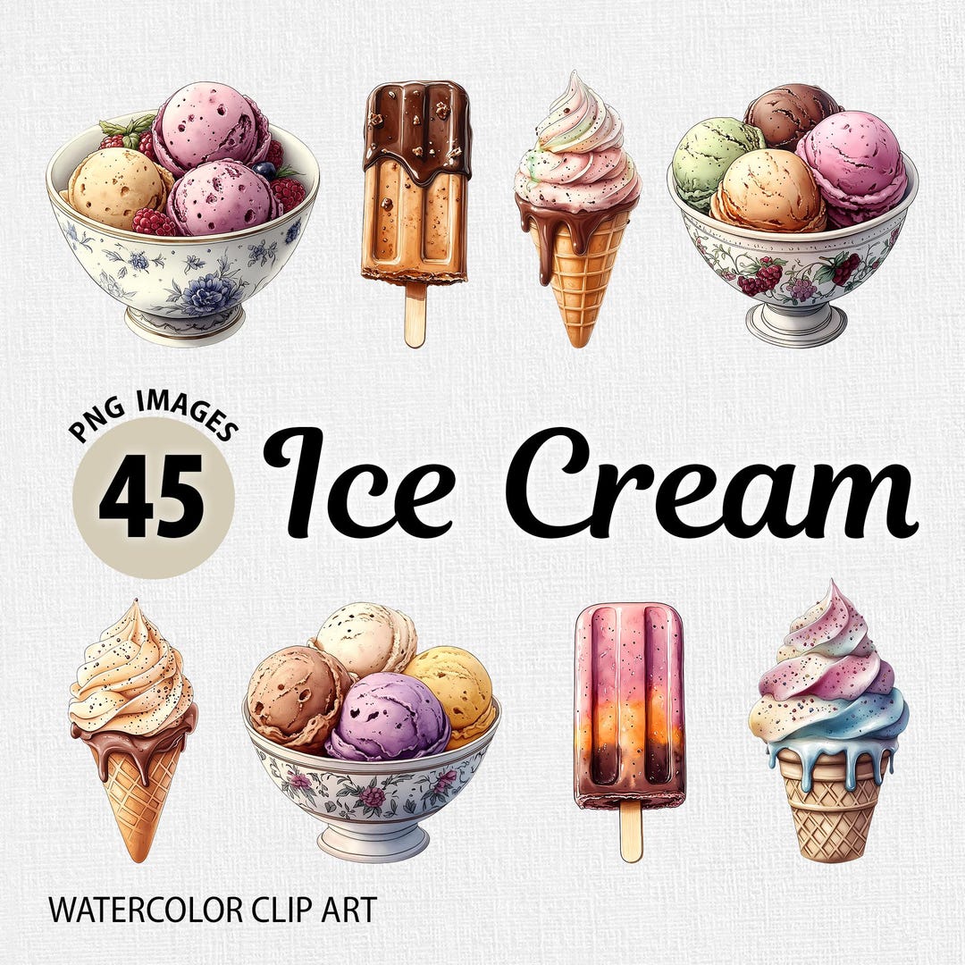 Watercolor Ice Cream PNG Clipart Bundle, Dessert PNG Clipart, Sweets ...