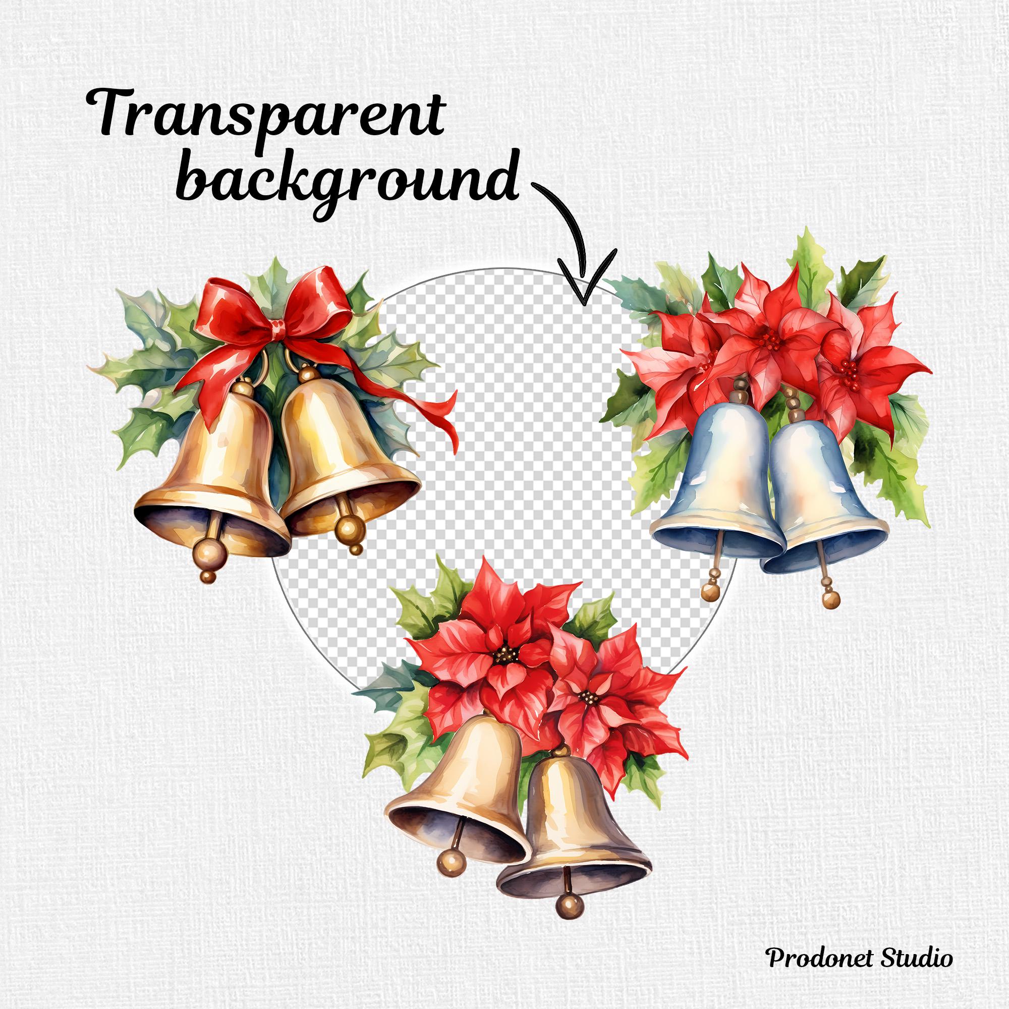 Watercolor Christmas Bells PNG Clipart Bundle, Holly Wreath PNG ...