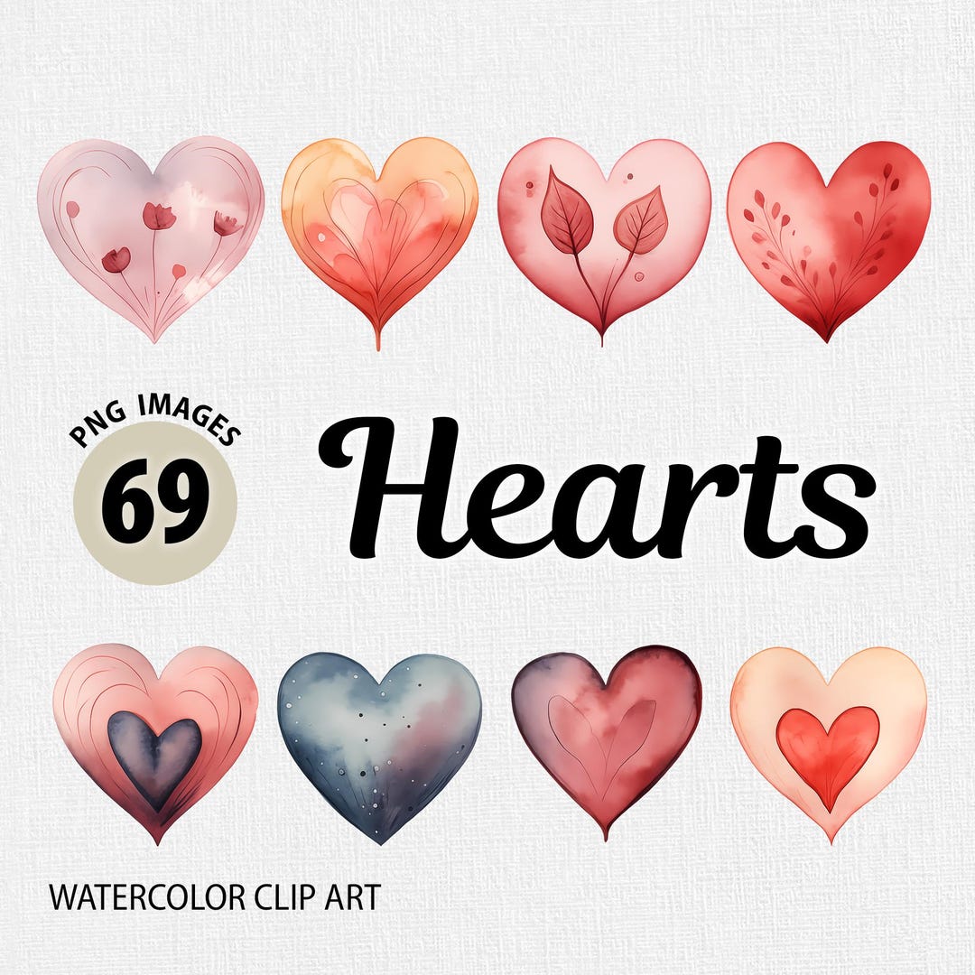 Watercolor Hearts PNG Clipart Bundle, Valentine’s Day Heart Clipart ...