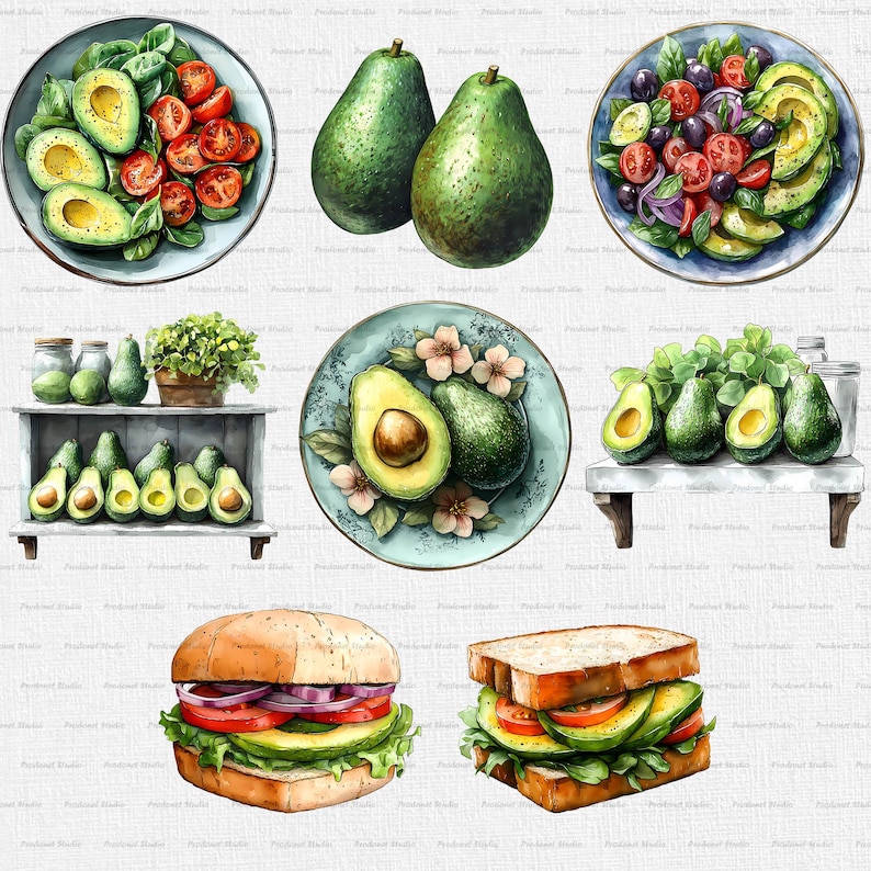 Watercolor Avocado PNG Clipart Bundle, Watercolor Avocado Clipart ...
