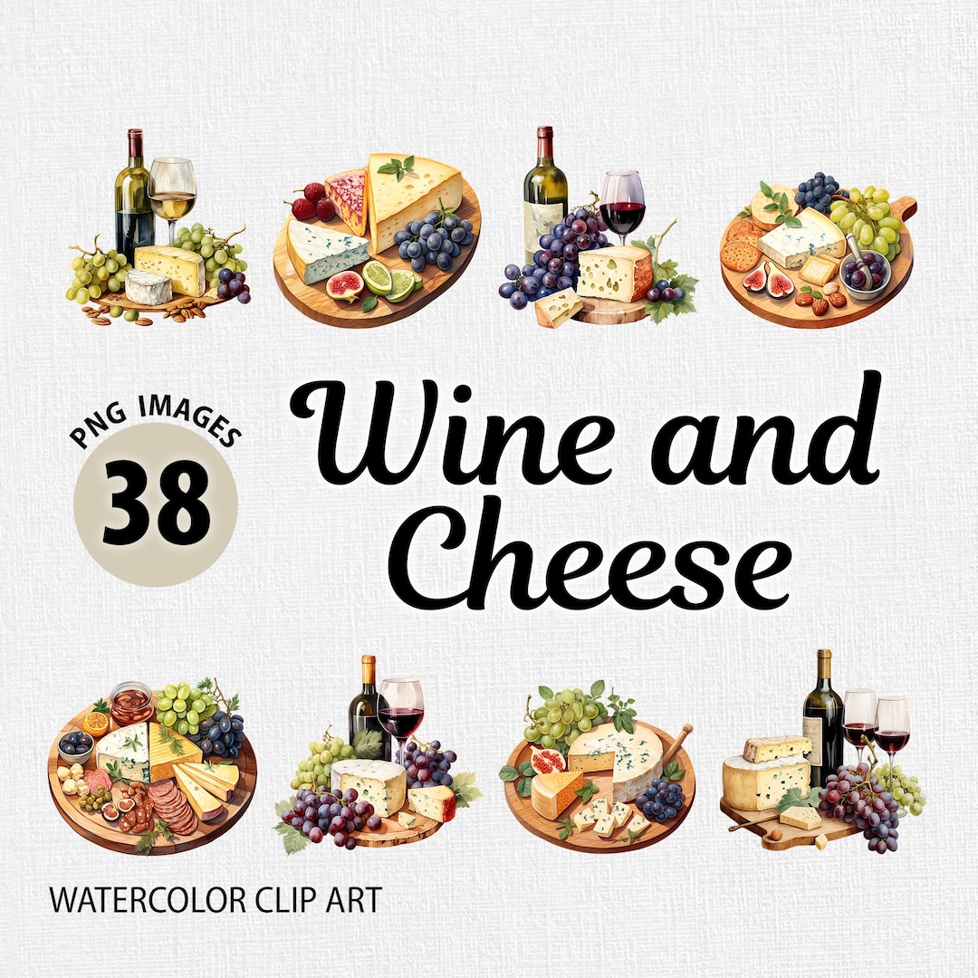 Watercolor Wine and Cheese PNG Clipart Bundle, Food Clipart, Cheese PNG ...