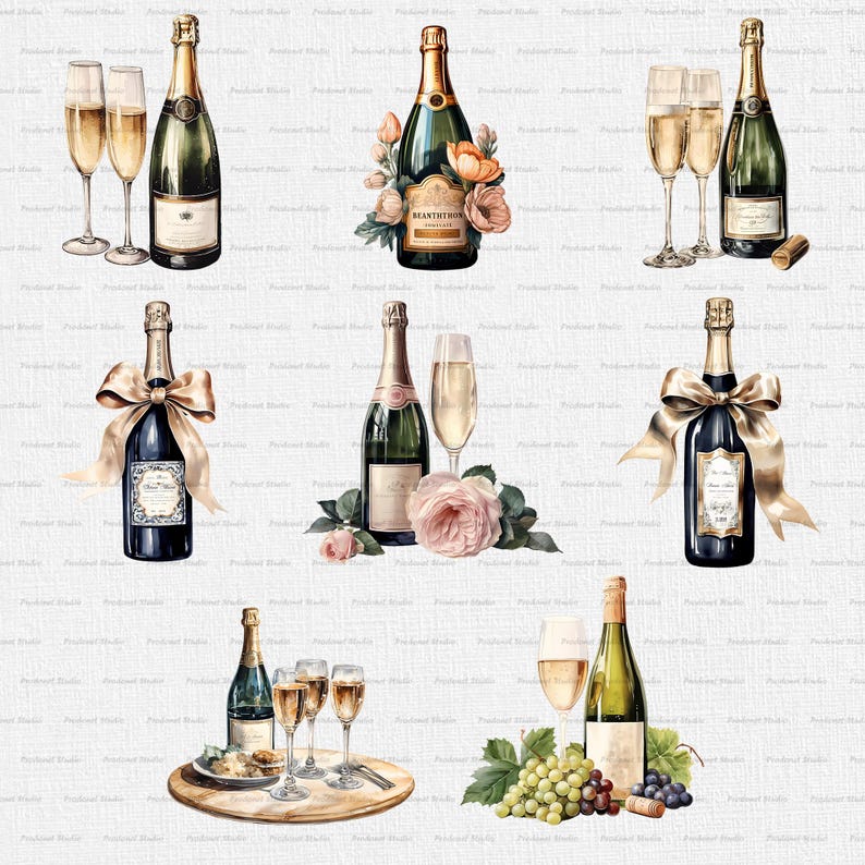 Watercolor Champagne PNG Clipart Bundle, New Year's Party Clipart ...