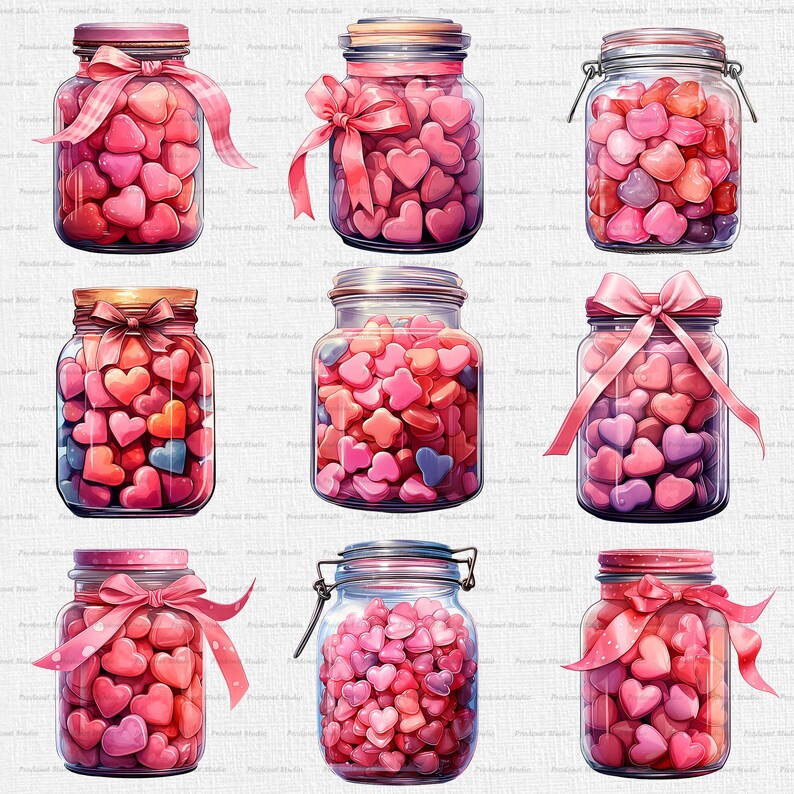 Watercolor Valentine’s Day Candy Jar PNG Clipart Bundle, Pink Candies ...