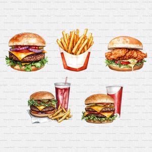 Watercolor Fast Food PNG Clipart Bundle, Fast Food Clipart, Burger PNG ...