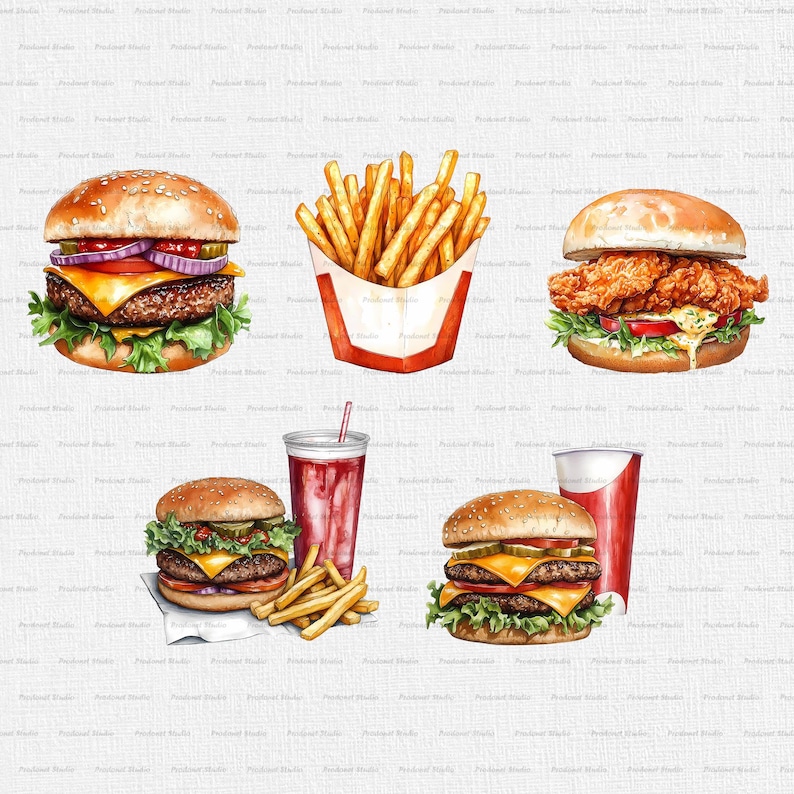 Watercolor Fast Food PNG Clipart Bundle, Fast Food Clipart, Burger PNG ...