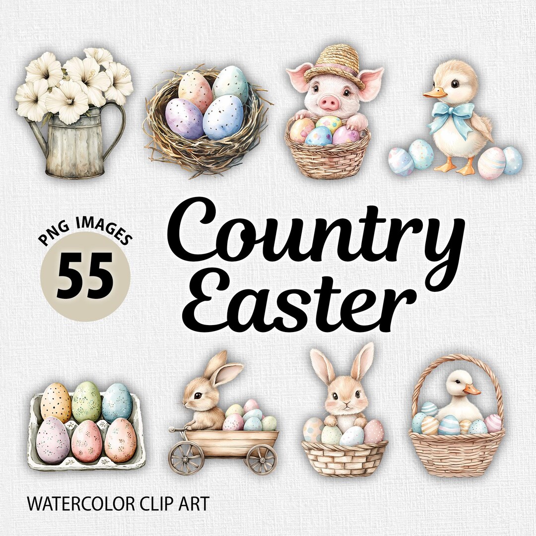 Watercolor Country Easter PNG Bundle, Country Easter Clipart, Farmhouse ...