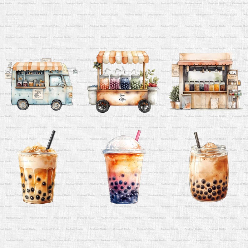 Watercolor Bubble Tea Stand PNG Clipart Bundle, Food Clipart, Boba Tea ...