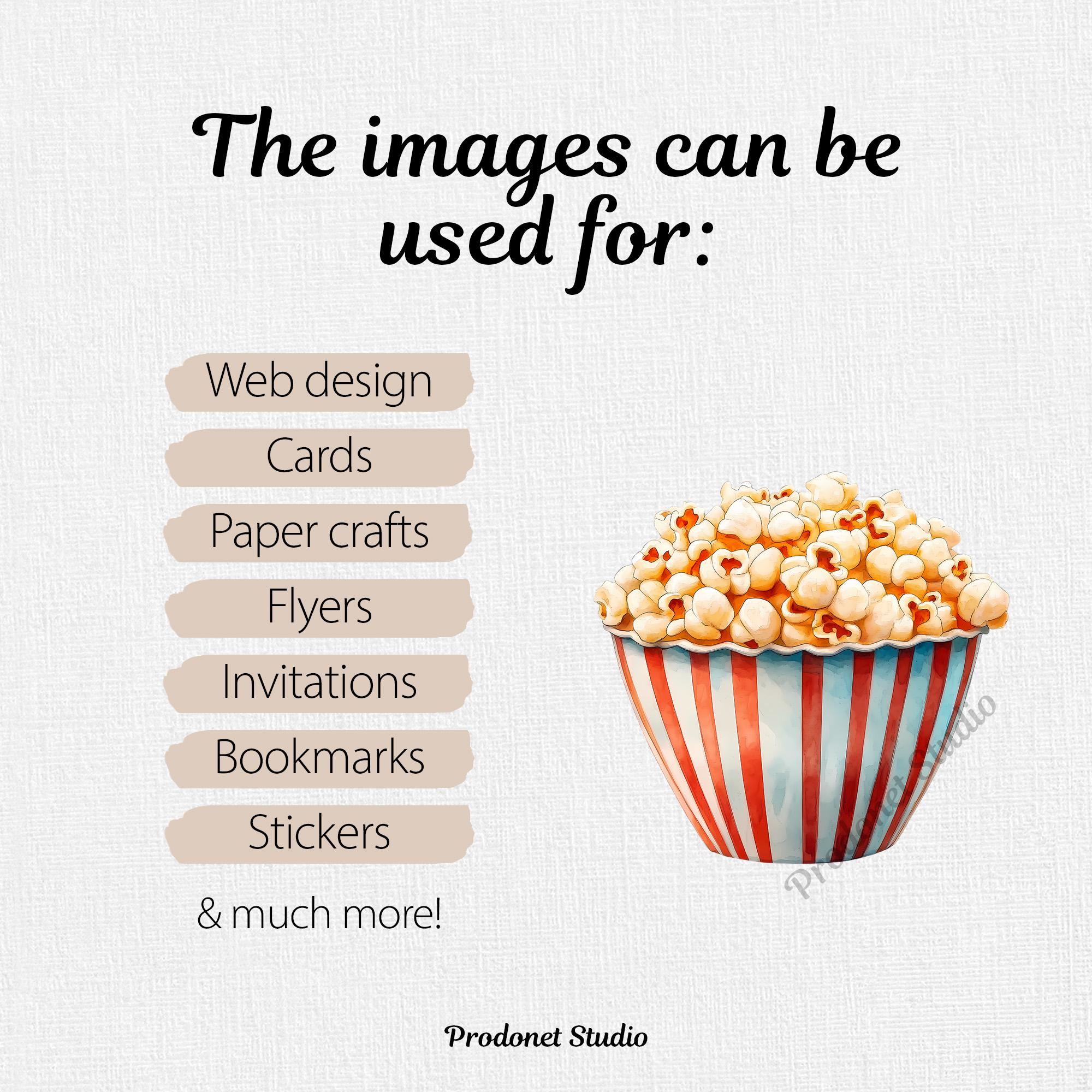 Watercolor Popcorn PNG Clipart Bundle, Food Clipart, Popcorn Night ...