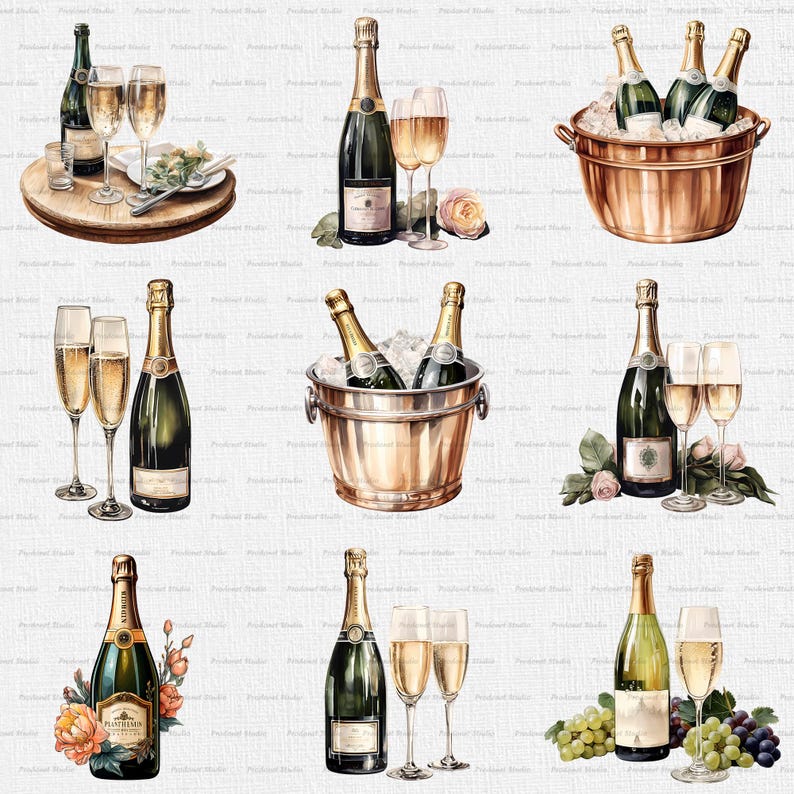 Watercolor Champagne PNG Clipart Bundle, New Year's Party Clipart ...