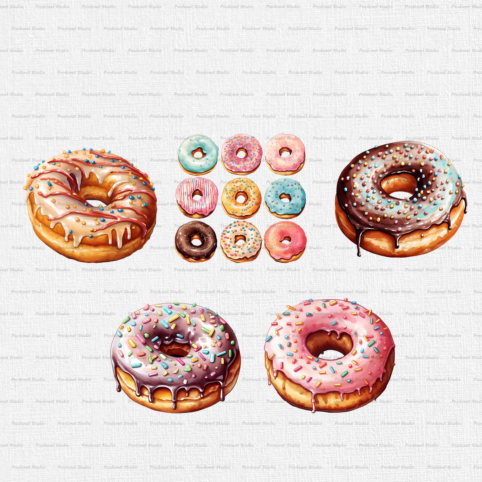 Donut Clipart Bundle, Watercolor Donut PNG Bundle, Dessert Clipart ...