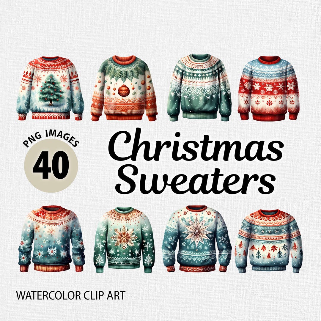 Watercolor Christmas Sweater PNG Clipart Bundle, Christmas Sweaters ...