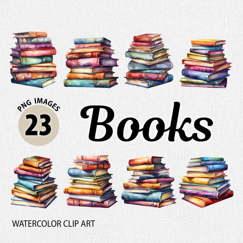 Watercolor Books PNG Clipart Bundle, Watercolor Colorful Pile of Books ...