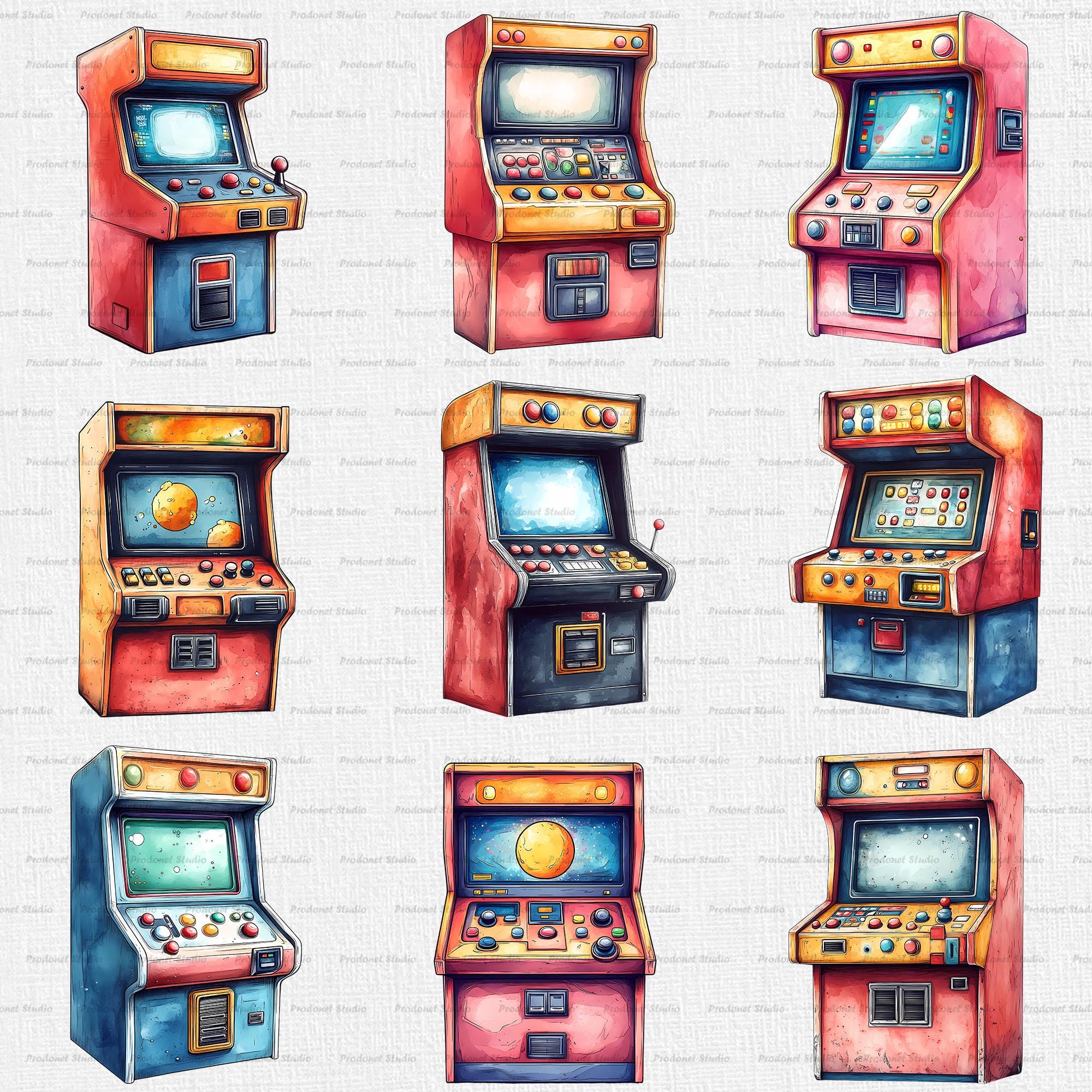 Watercolor Arcade Machine PNG Clipart Bundle, Watercolor Retro Arcade ...