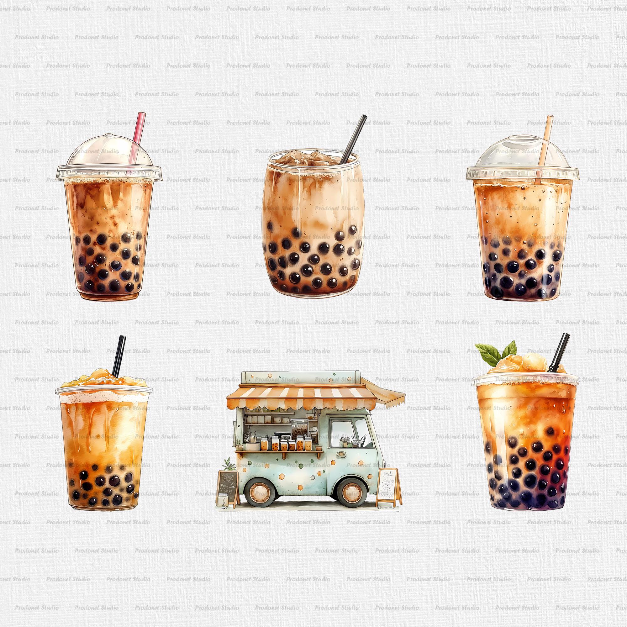 Watercolor Bubble Tea Stand PNG Clipart Bundle, Food Clipart, Boba Tea ...