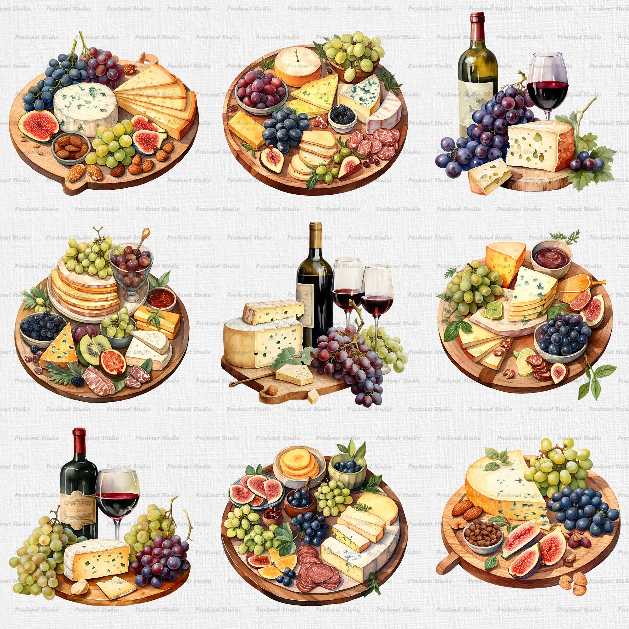 Watercolor Wine and Cheese PNG Clipart Bundle, Food Clipart, Cheese PNG ...