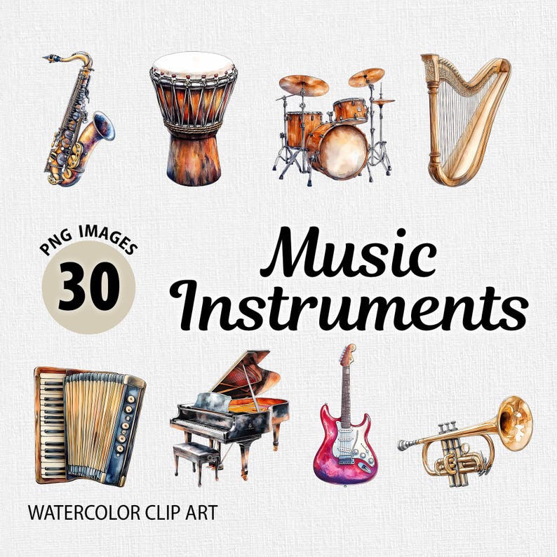 Watercolor Music Instruments PNG Clipart Bundle, Watercolor Music ...
