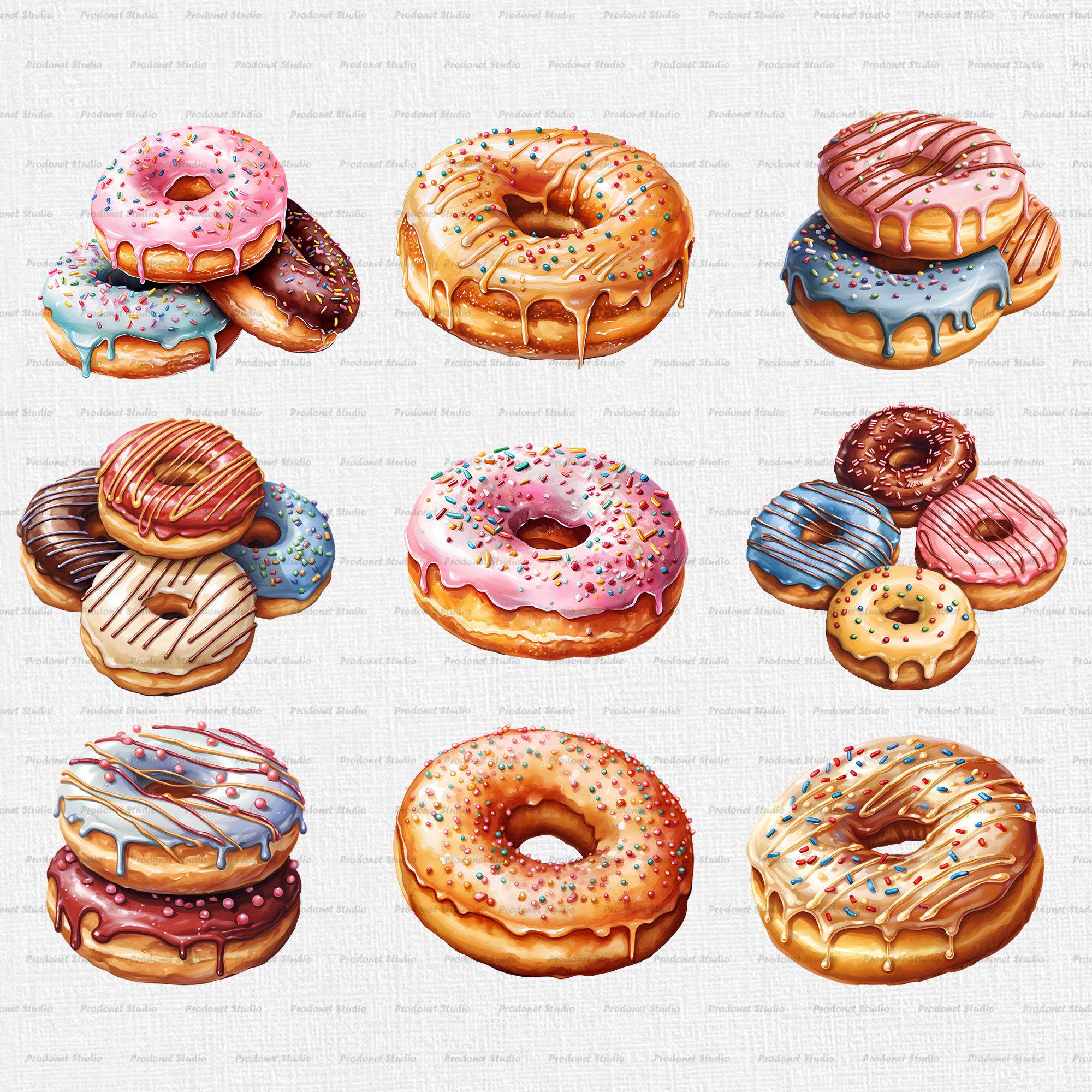 Donut Clipart Bundle, Watercolor Donut PNG Bundle, Dessert Clipart ...