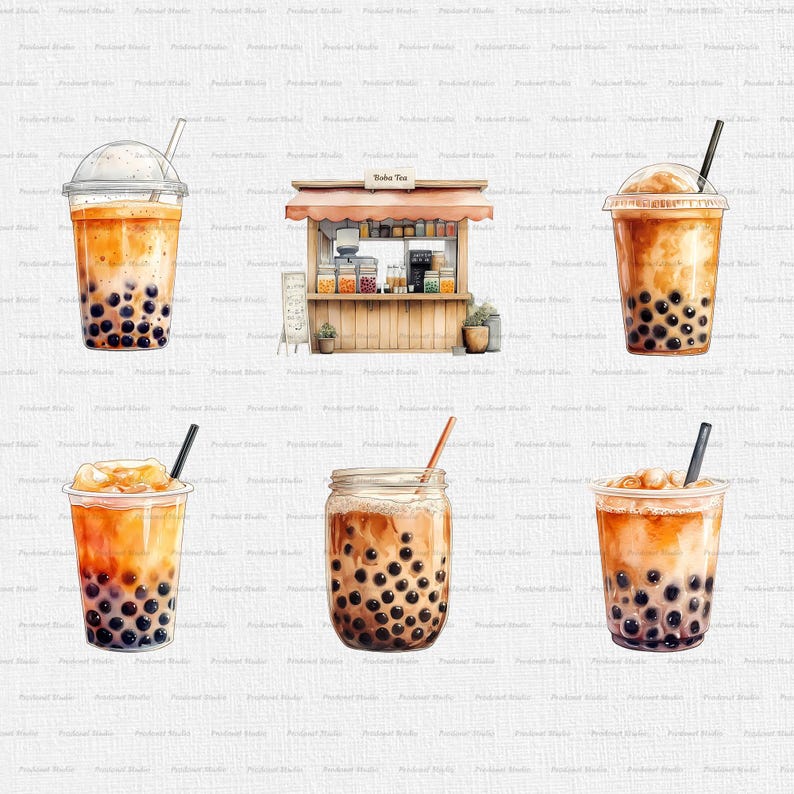 Watercolor Bubble Tea Stand PNG Clipart Bundle, Food Clipart, Boba Tea ...