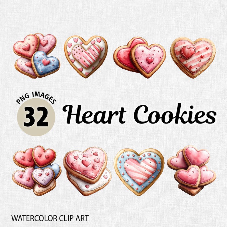 Watercolor Valentine's Day Heart Cookies PNG, Valentine Cookie Clipart ...