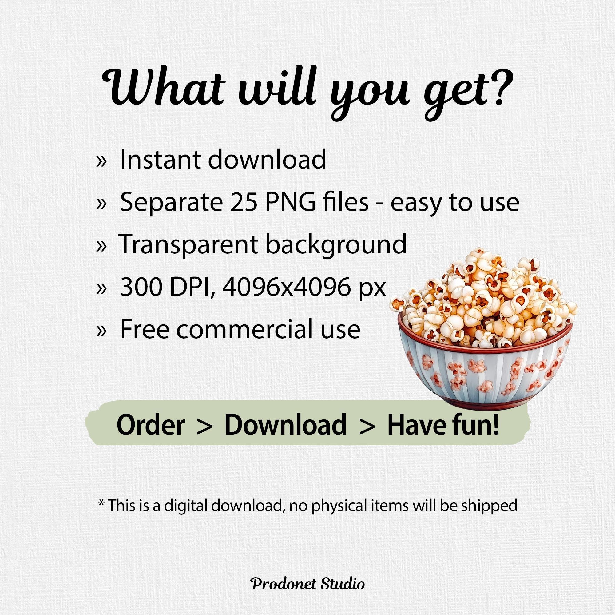 Watercolor Popcorn PNG Clipart Bundle, Food Clipart, Popcorn Night ...