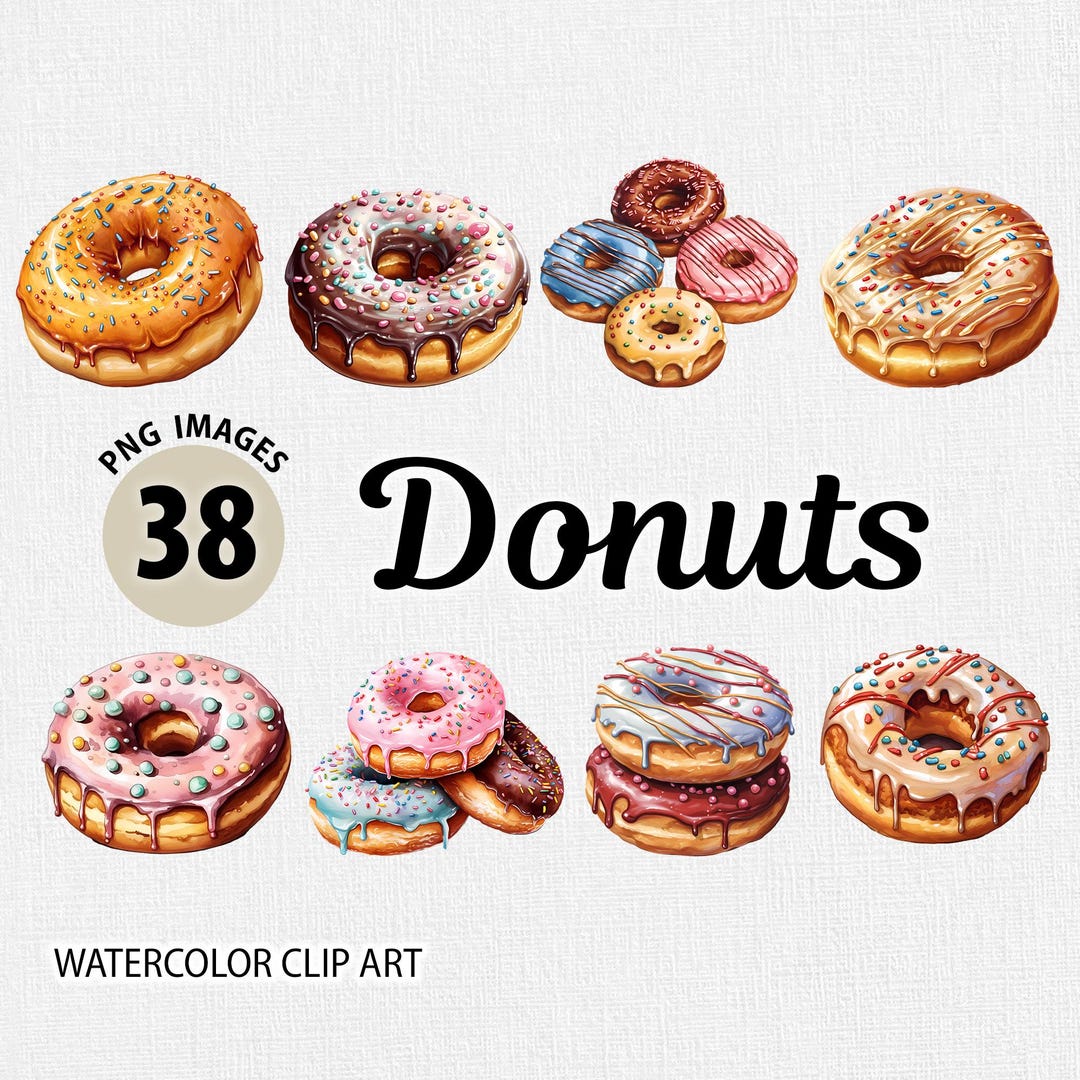 Donut Clipart Bundle, Watercolor Donut PNG Bundle, Dessert Clipart ...