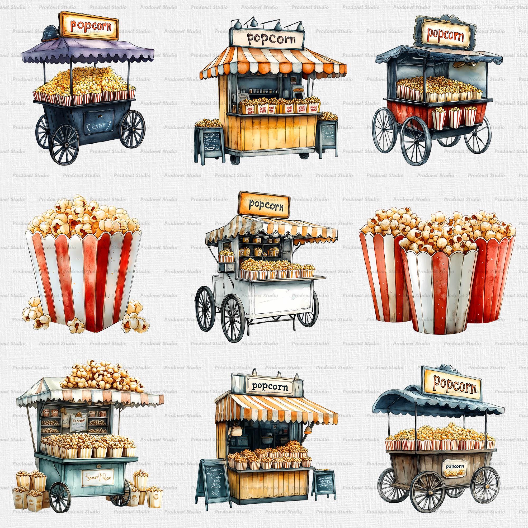 Watercolor Popcorn Stand PNG Clipart Bundle, Food Clipart, Popcorn PNG ...