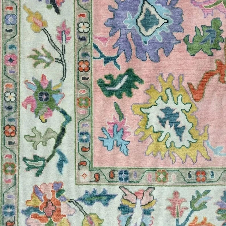 Hand Knotted Pink and Green Oushak Rug, Traditional Handmade Oriental ...