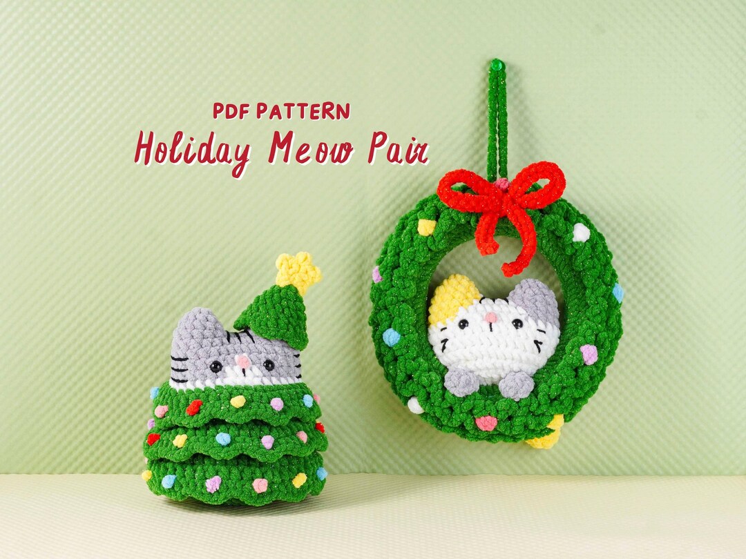 Holiday Meow Pair Crochet Patterns, Pine Cat Pattern, Cat Wreath ...
