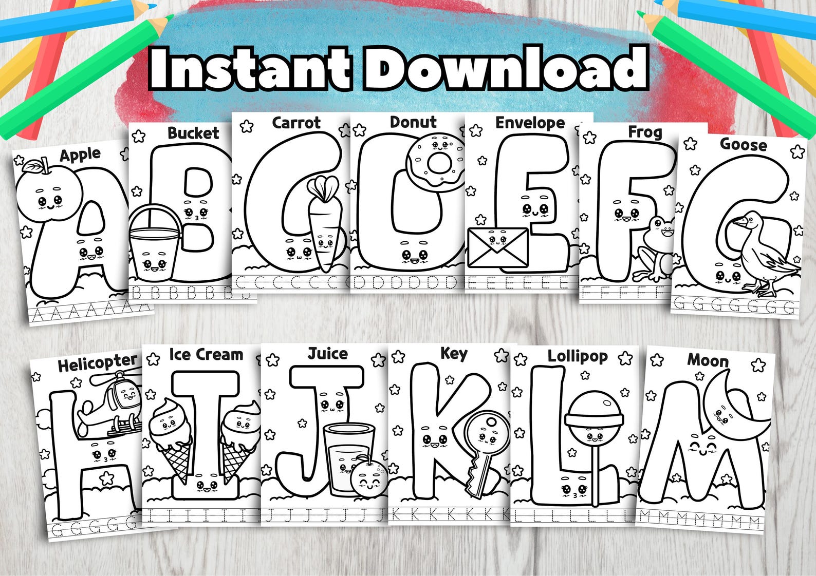 ABC Coloring Pages for Kids Cute Kawaii ABC Printable PDF Preschool ...