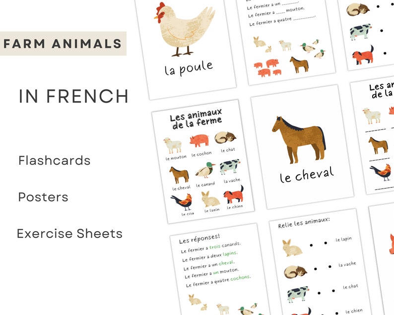 FRENCH FARM ANIMALS Flashcards Posters Worksheets - Etsy