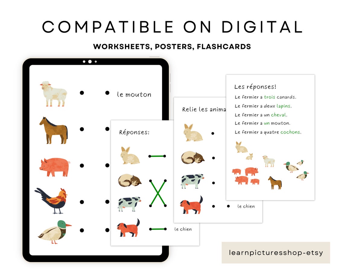 FRENCH FARM ANIMALS Flashcards, Posters, Worksheets - Etsy Canada