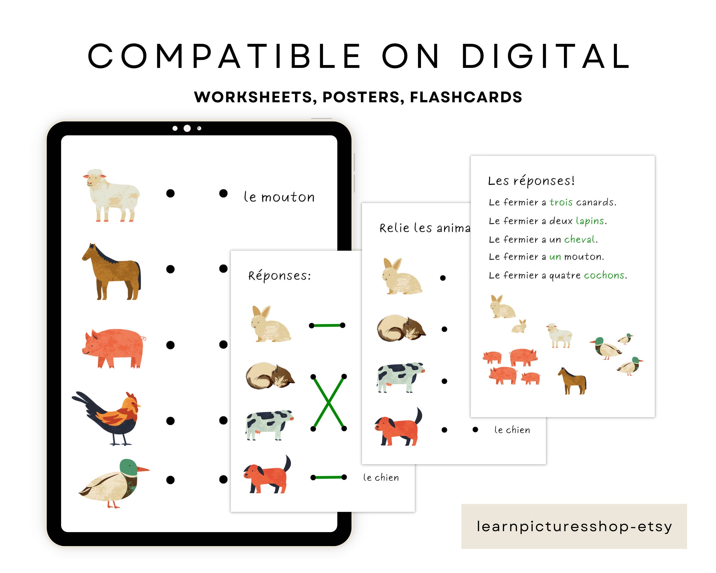 FRENCH FARM ANIMALS Flashcards, Posters, Worksheets - Etsy