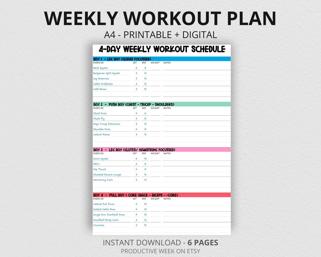Weekly Workout Planner Printable 4-day Fitness Schedule - Etsy