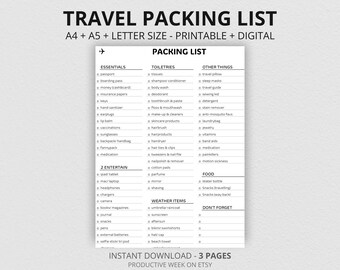 Travel Packing List Template Printable Holiday Organiser Digital Family ...