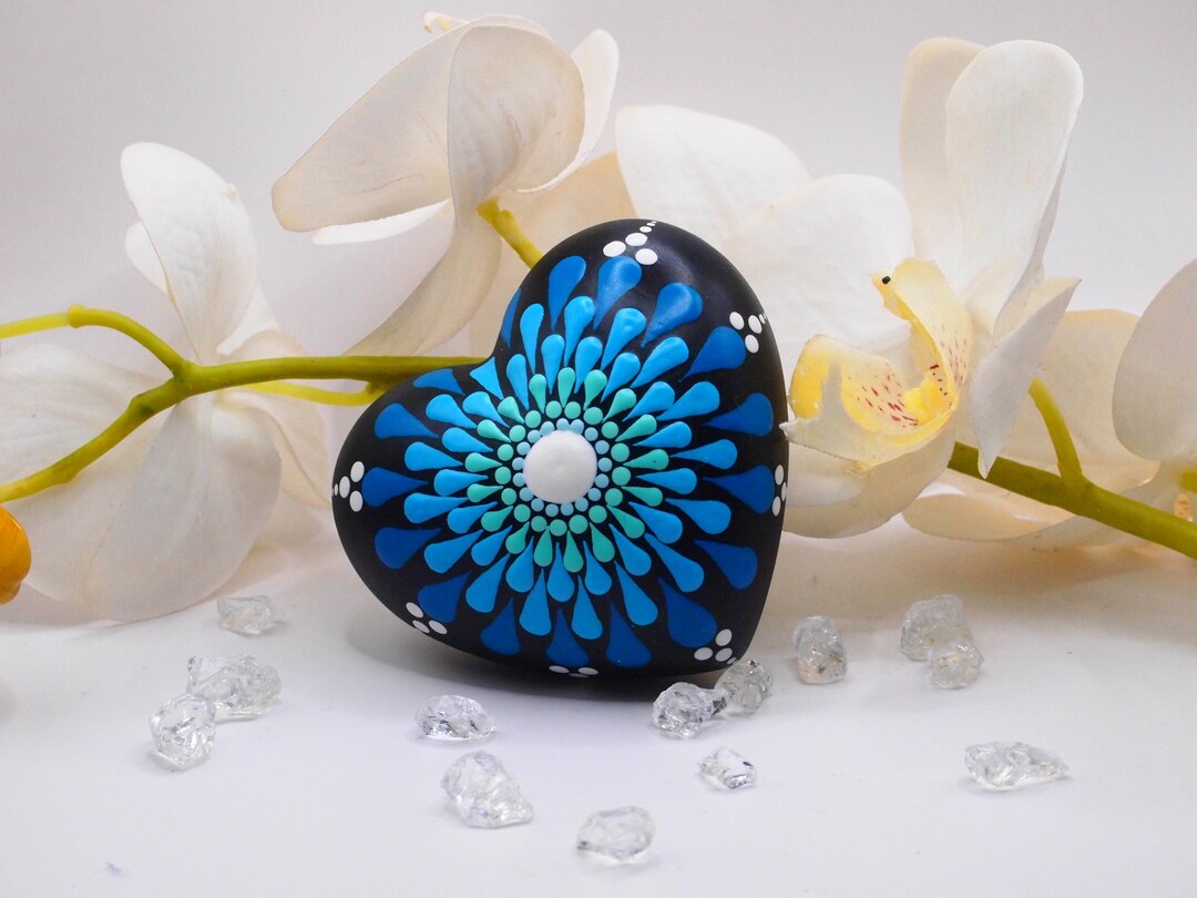 Blue Mandala Stone, Heart Shape Hand Painted, Unique, Dotting Art - Etsy
