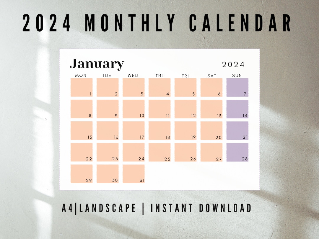 2024 Monthly Planner , 2024 Calendar , A4 Landscape, Monday Start ...