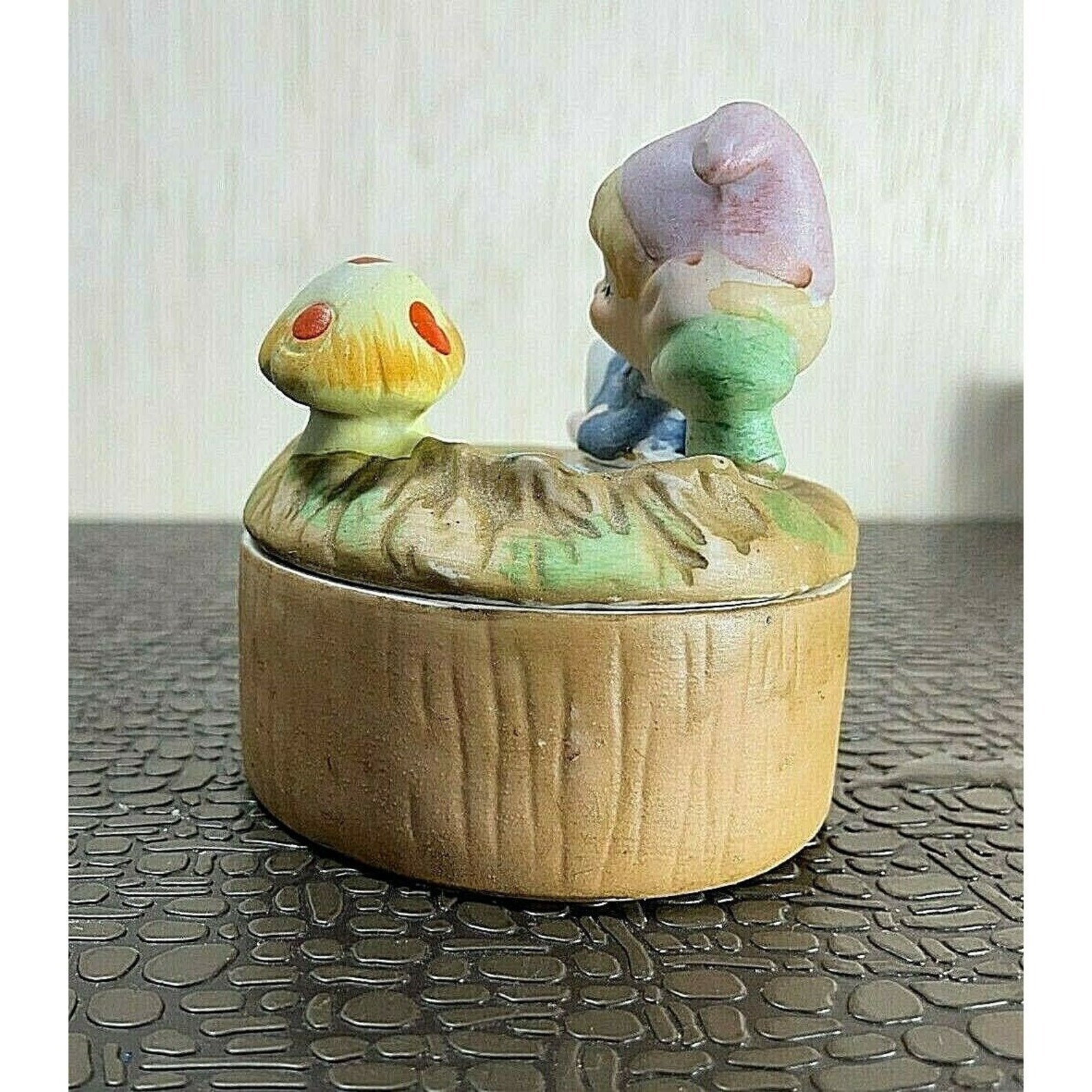Vintage Ceramic Pixie With Mushroom Trinket Box - Etsy