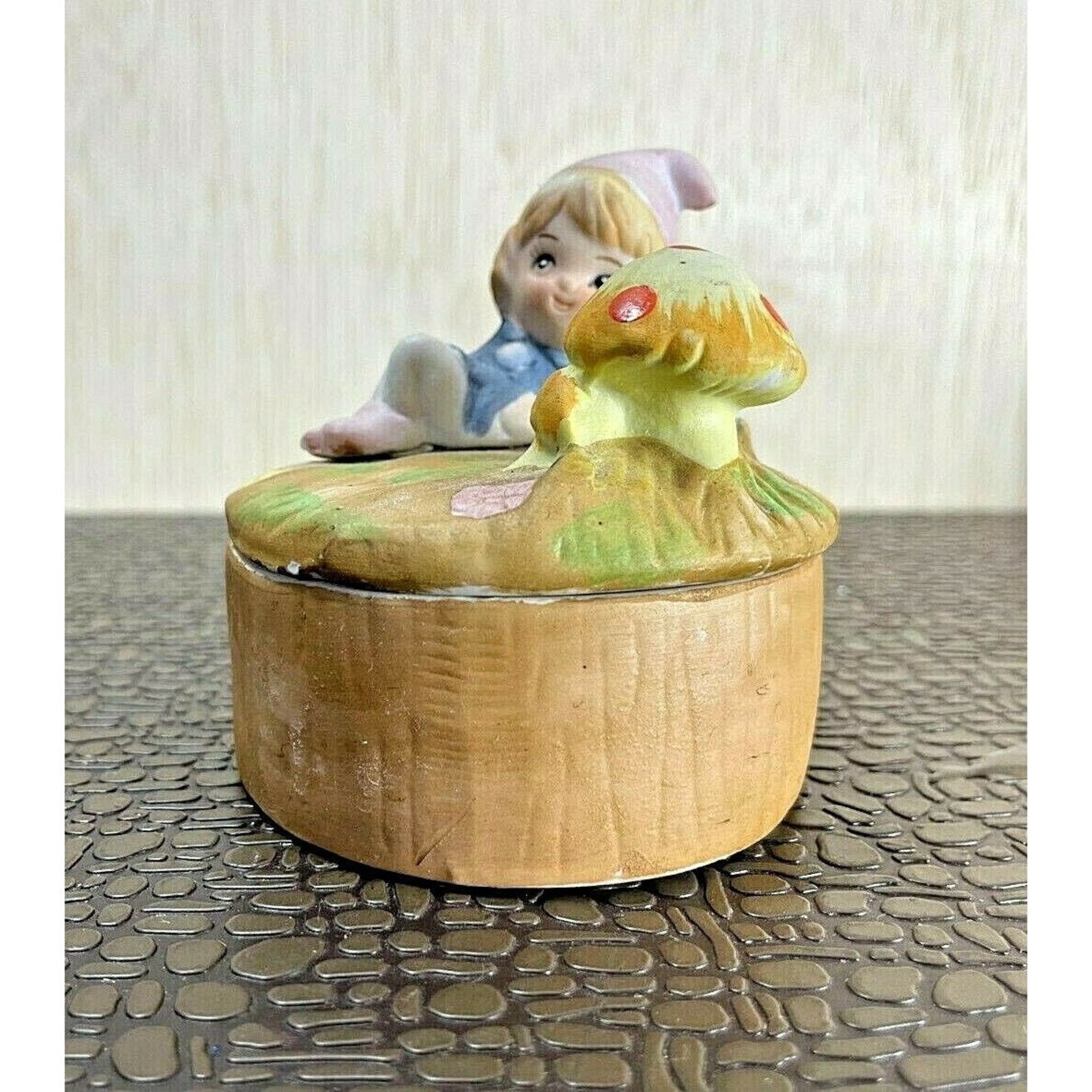 Vintage Ceramic Pixie With Mushroom Trinket Box - Etsy