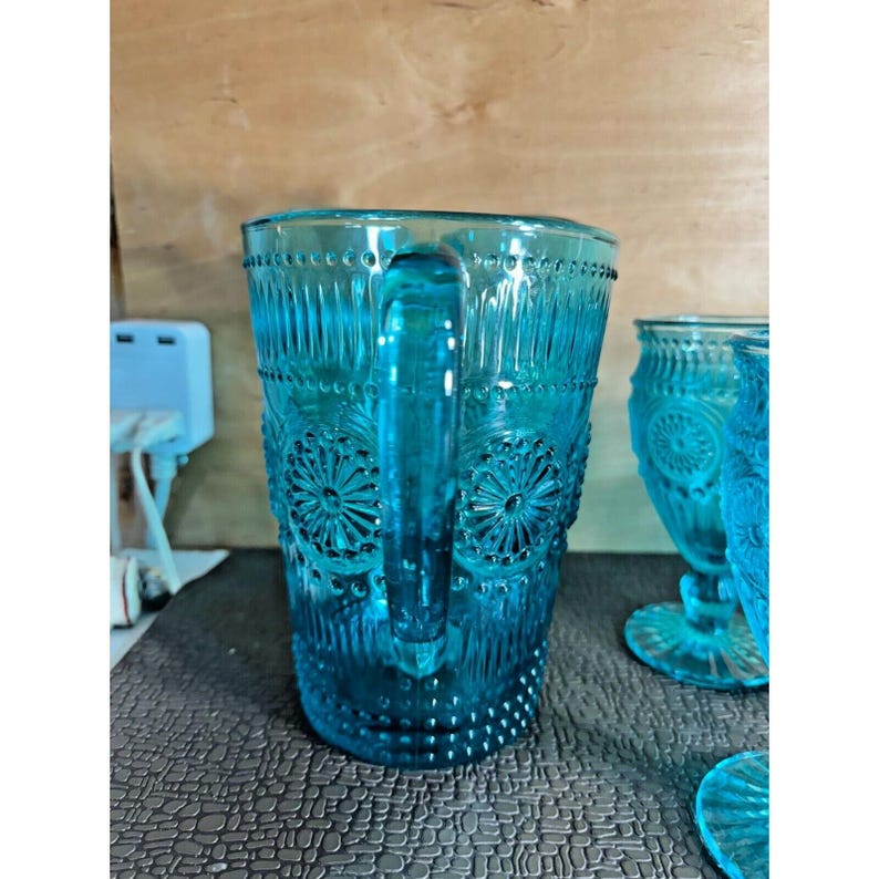 Vintage Pioneer Woman Adeline Turquoise Blue Pitcher, 6 Glasses, 2 ...