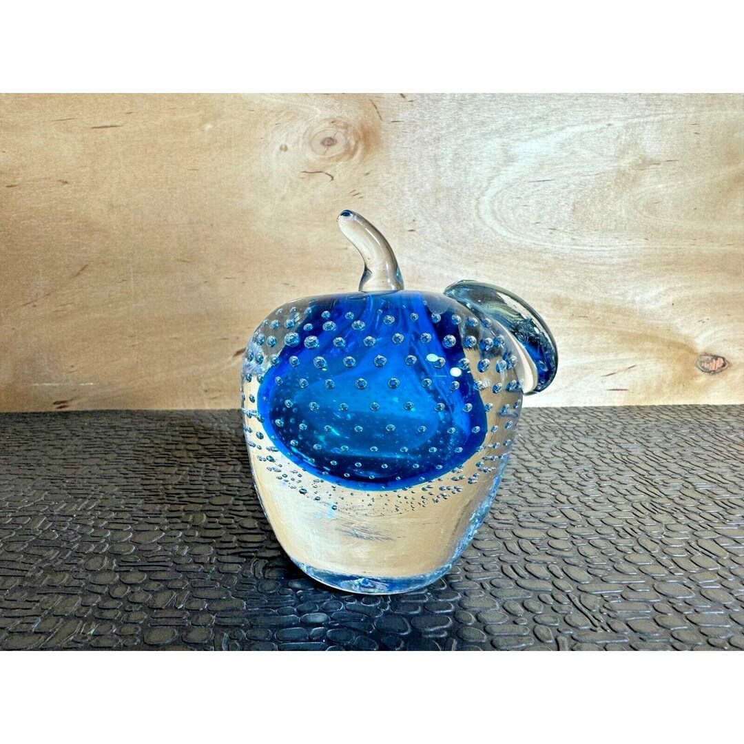Vintage Blue and Clear Glass Apple Shaped Paperweight With Controlled ...