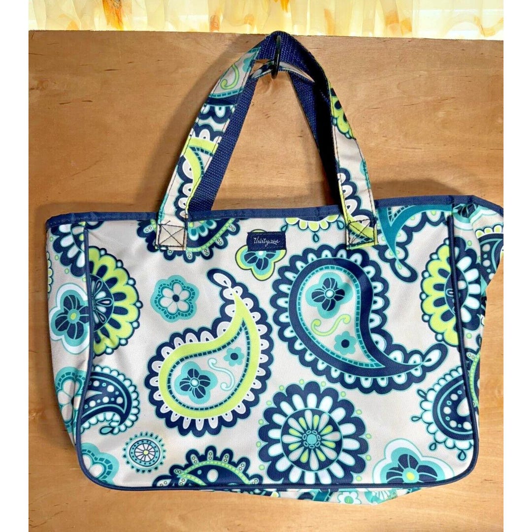 Thirty-one Retired Retro Metro Makeup Travel Tote Bag Gray Blue Paisley ...