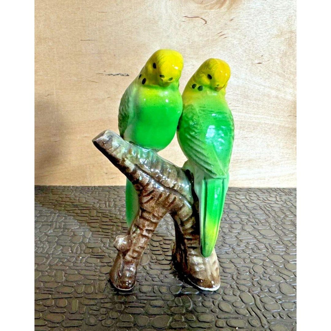 2 Ceramic Parakeet Figurines, Sitting on Branch Green and Yellow - Etsy