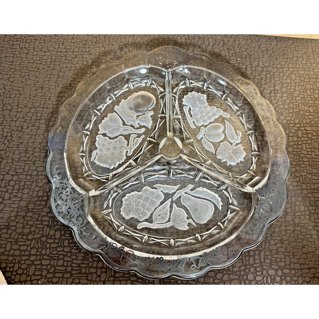 3 Part Divided Serving Dish Etched Fruit Design, Rim With Grey Lace ...